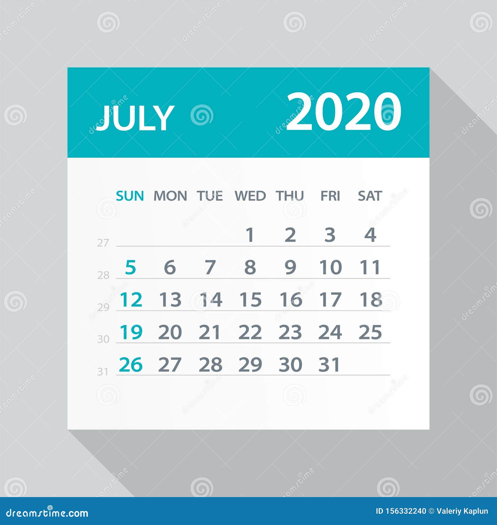 Feuille De Calendrier Juillet 2020 - Illustration Vectorielle ...