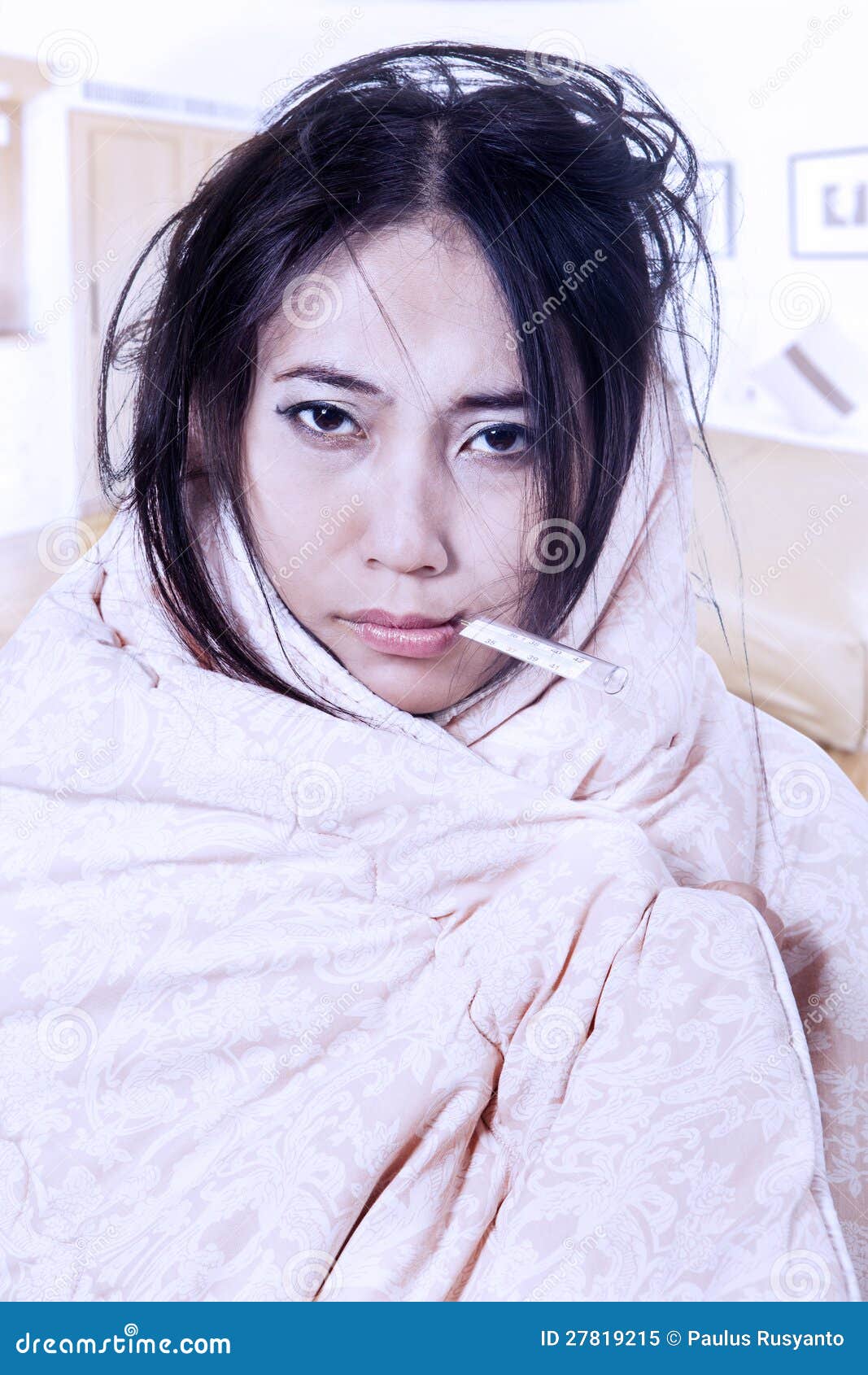 Fever Woman With Thermometer Wrapped In Blanket Stock Image Image Of Cough Depression 27819215