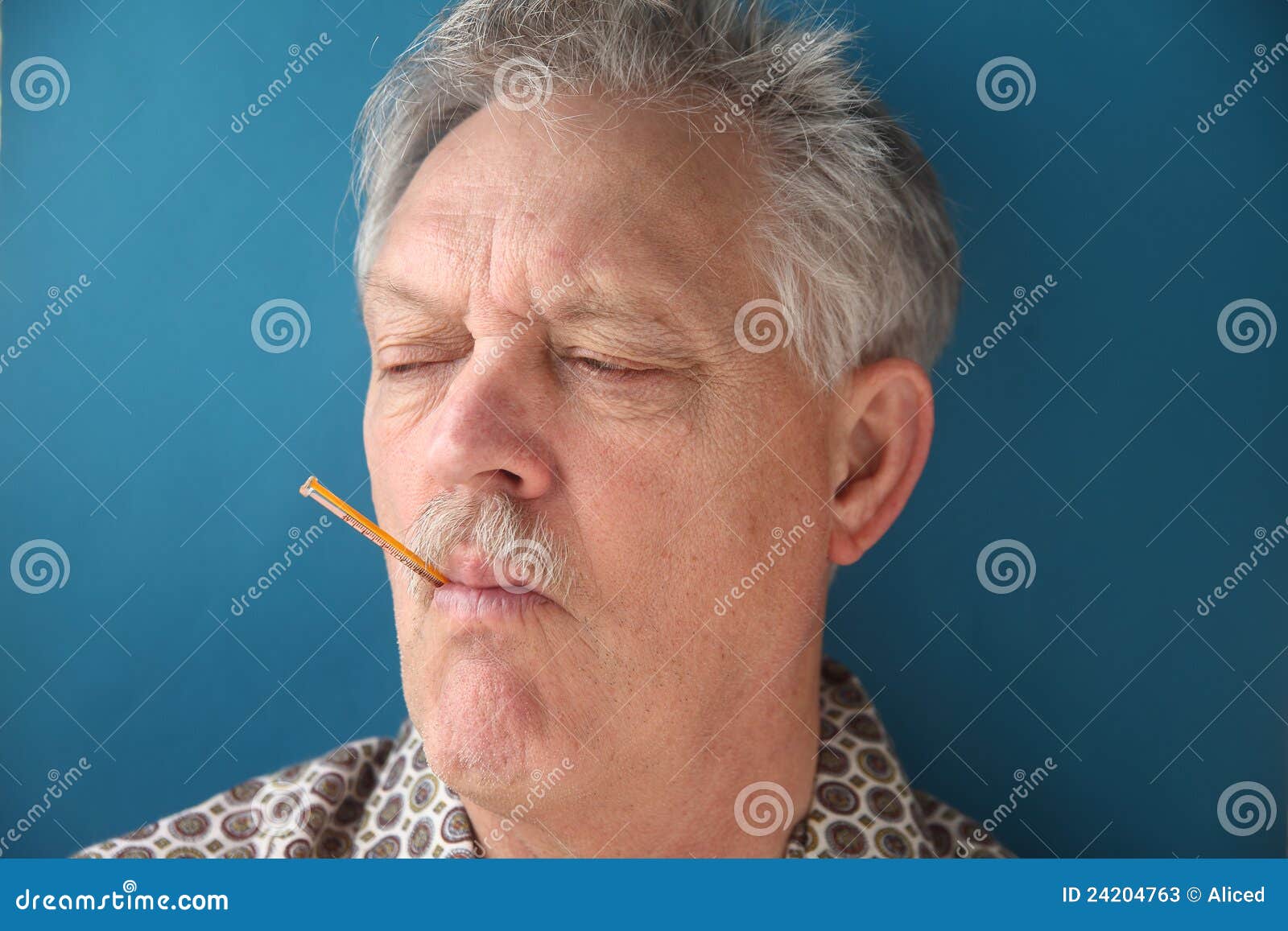 Feverish Man With A Thermometer Stock Image Image Of Copy Unhealthy
