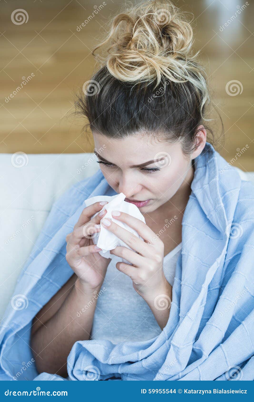 Feverish woman with tissue stock photo. Image of bedroom - 59955544