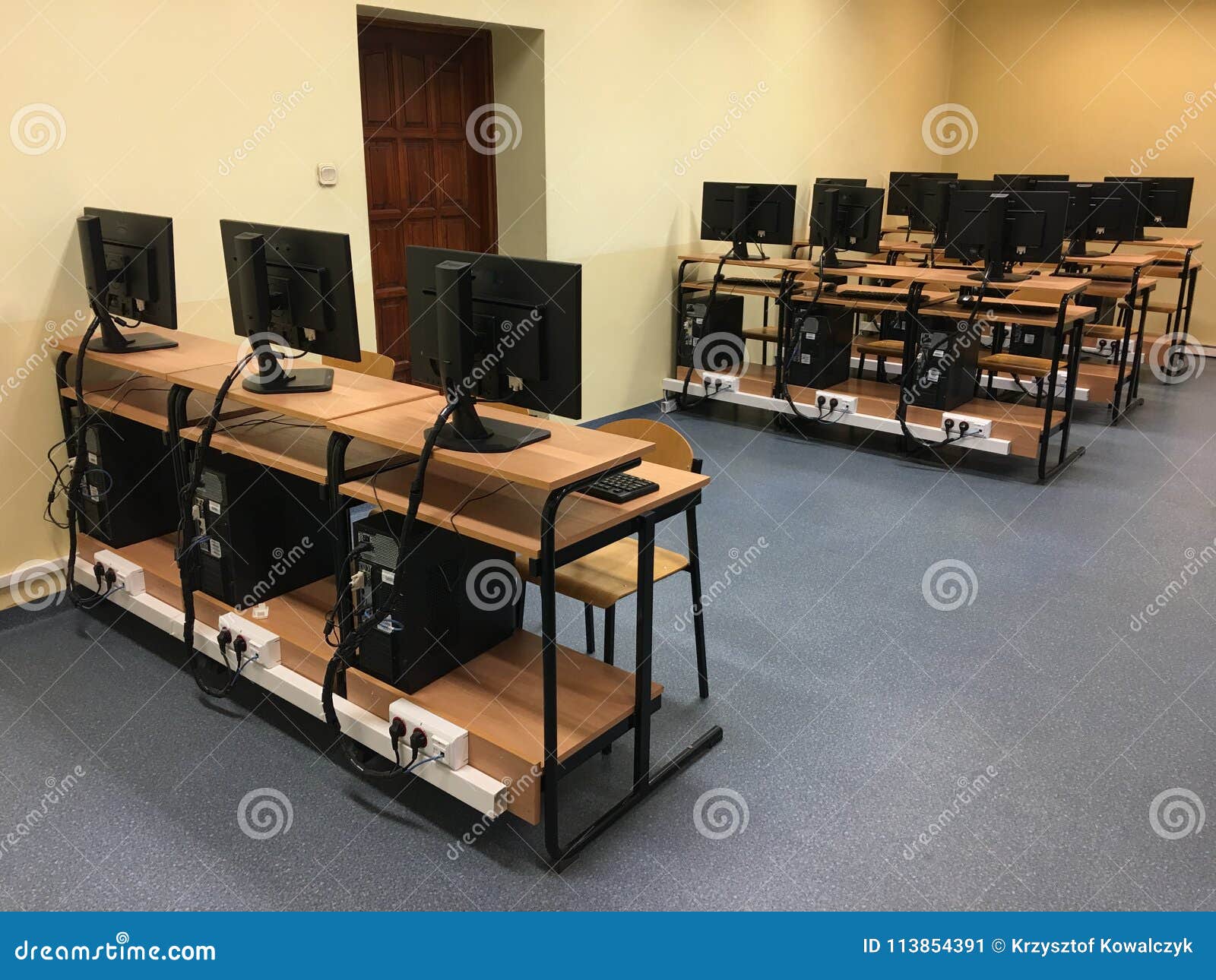 Lots of Tables, Computers and Monitors in the Empty Classroom Stock ...