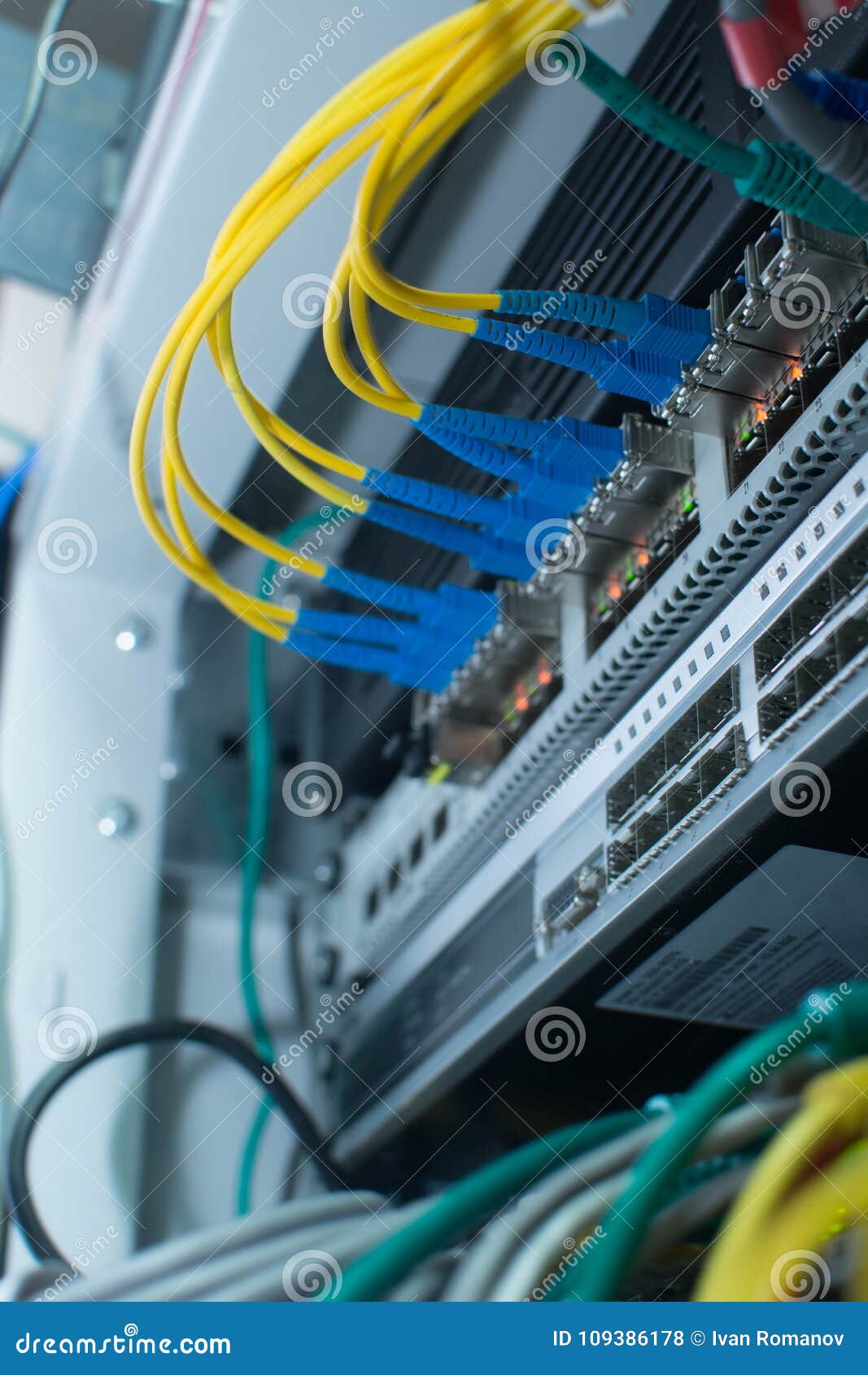 Ethernet Network Switch. Optical Fiber Cable. Stock Photo - Image of ...