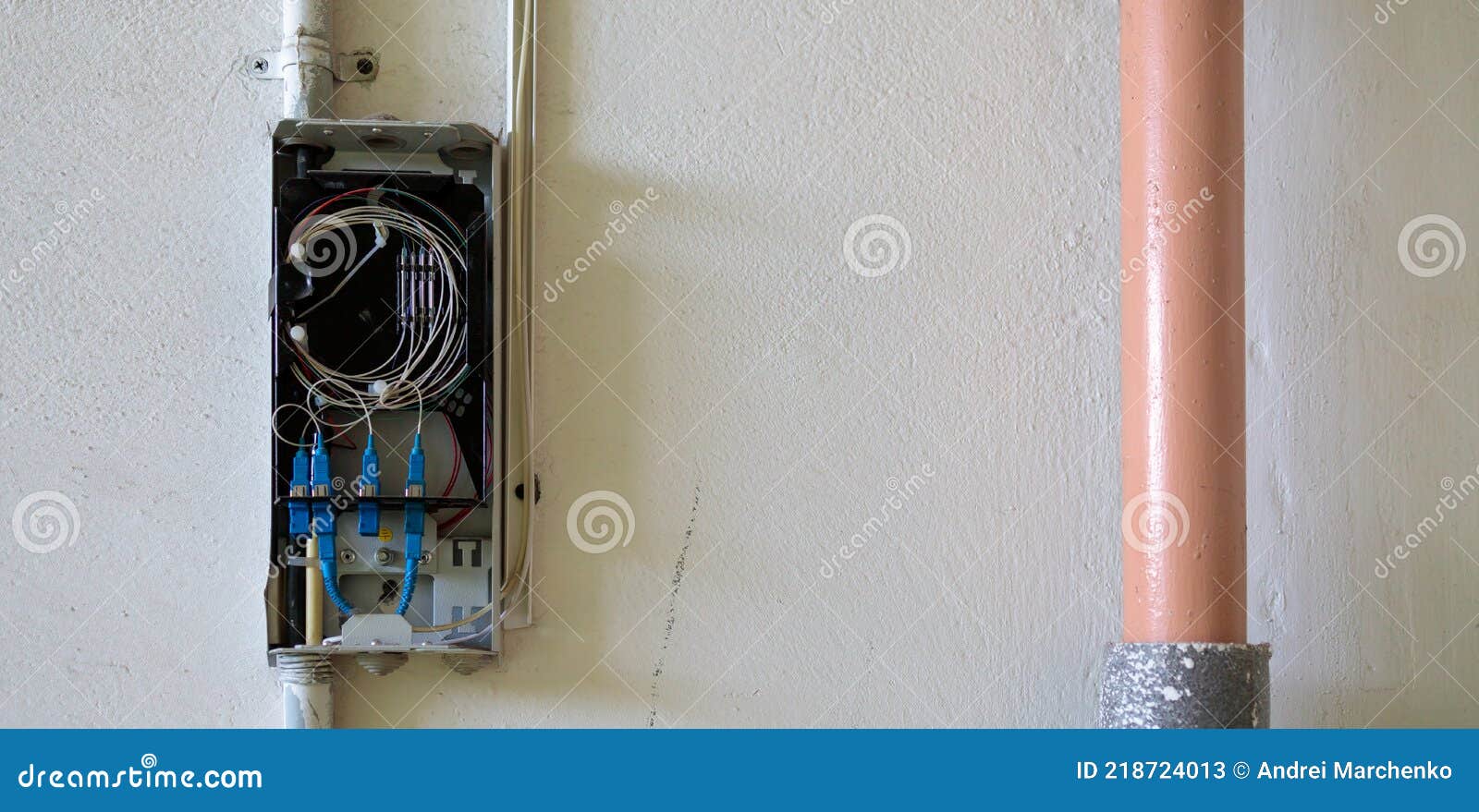 Fiber Optic Box with Cable on the Wall Stock Image - Image of hardware ...