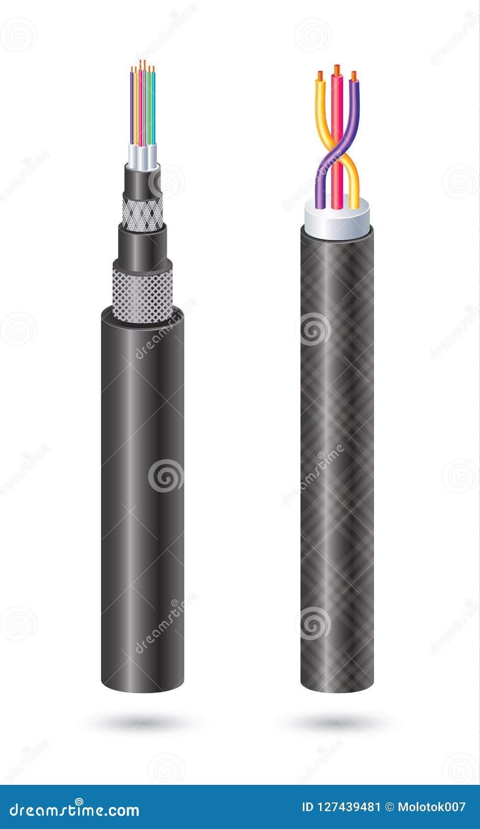 Fiber Optic Cable and Copper Wire Isolated on White Background. Stock ...