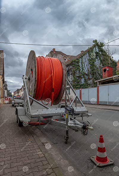 Fiber Optic Cable Reel on a Roadside Trailer Editorial Photography ...