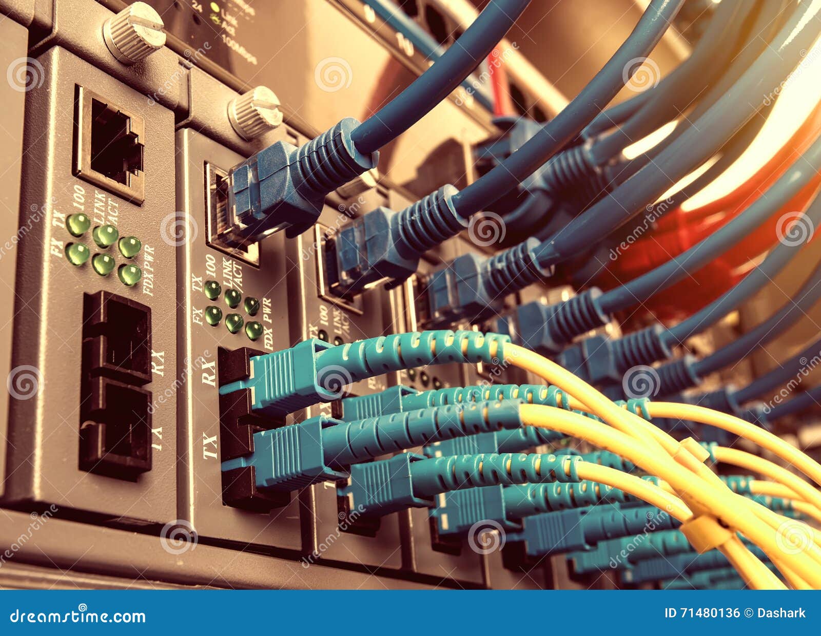 Fiber Optic Cables Connected To an Optic Ports and Cable Stock Photo ...