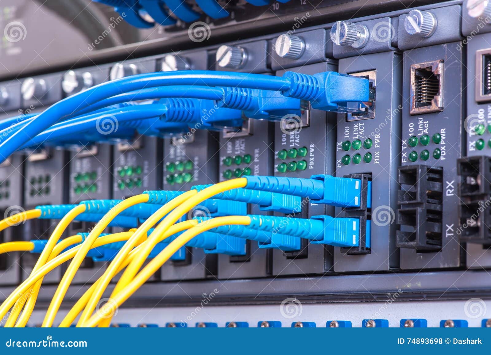 Fiber Optic Cables Connected To an Optic Ports and Network Cable Stock ...