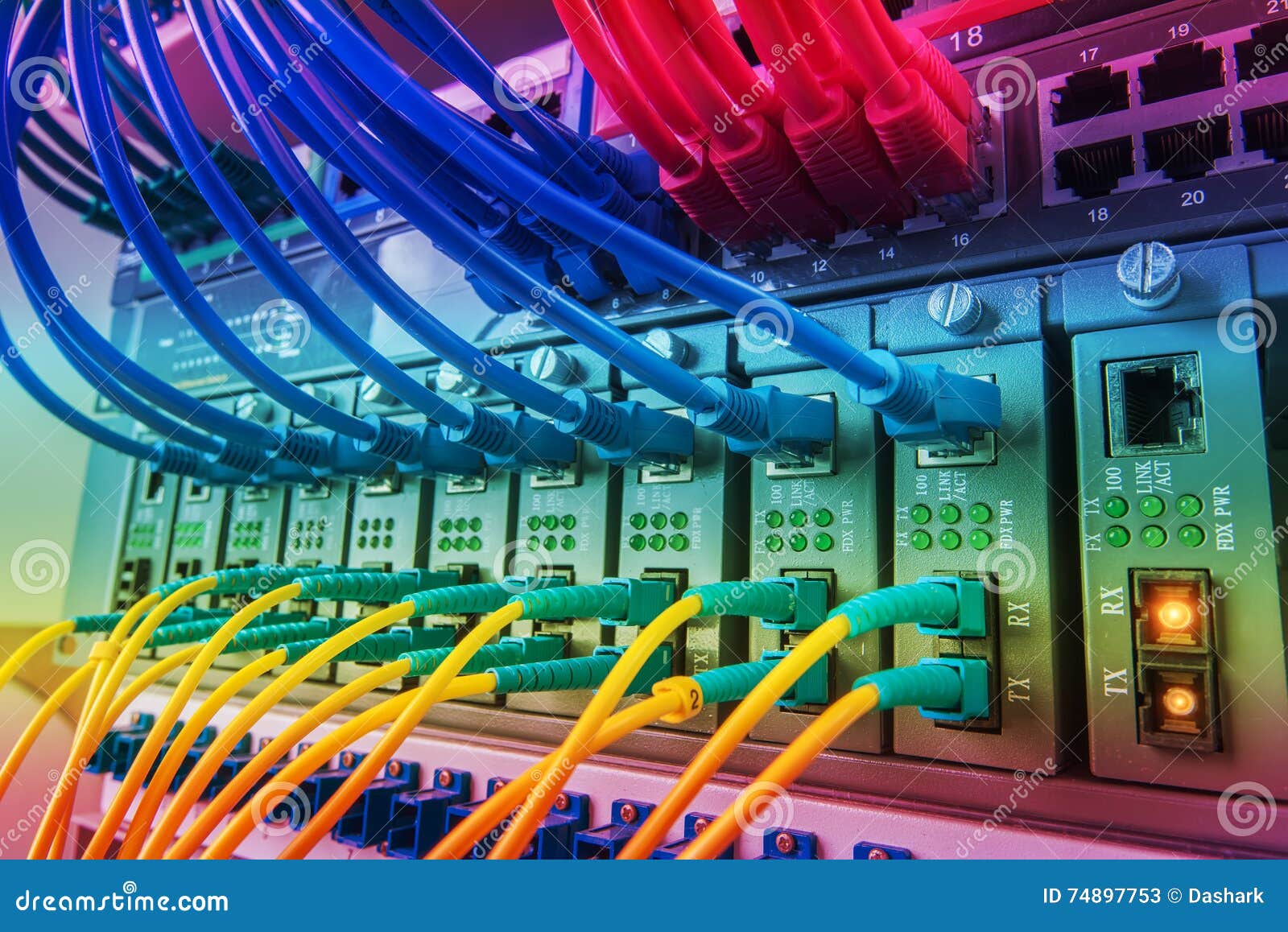 Fiber Optic Cables Connected To an Optic Ports and Network Stock Image ...