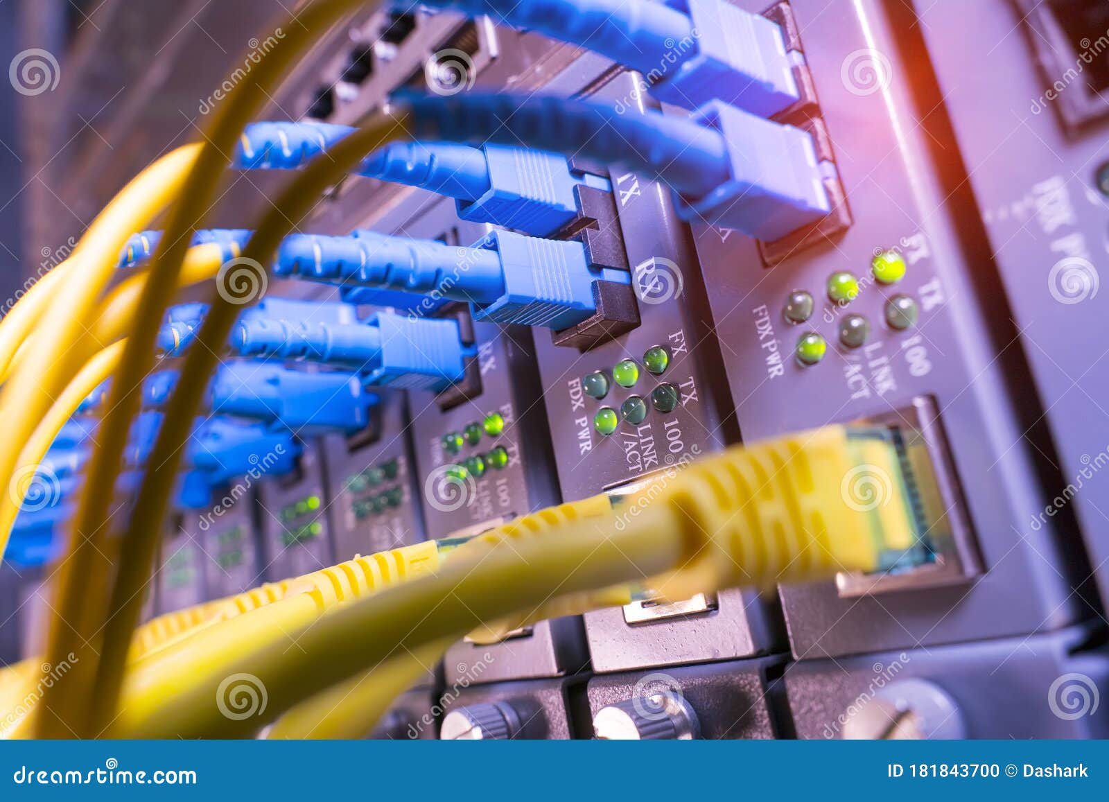 Fiber Optic Cables Connected To Optic Ports and Network Cables ...