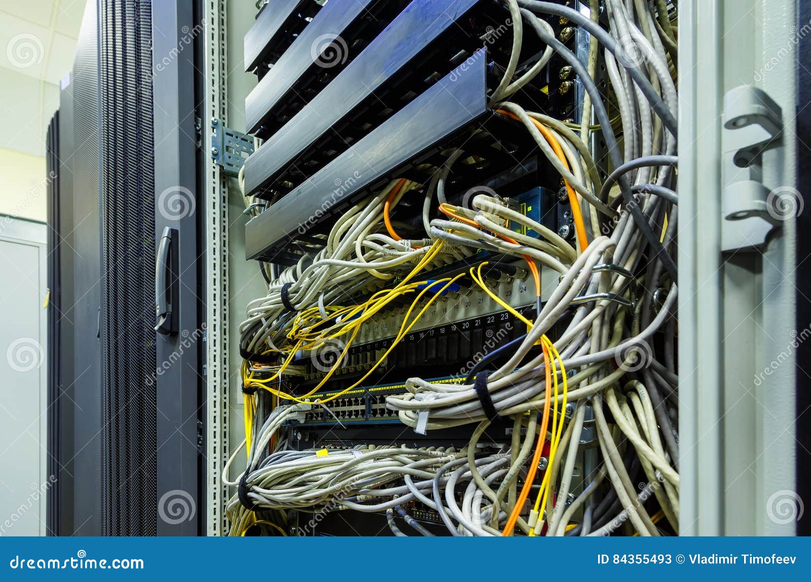 Fiber Optic Cables Connected To Ports and UTP Network Ethernet . Stock ...