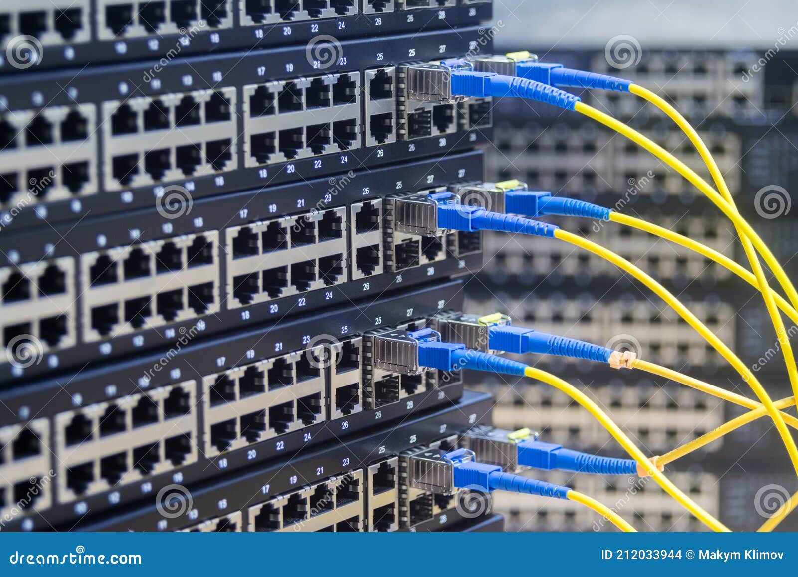 Fiber-optic Cables are Connected To the Switch Ports. High-speed Data ...