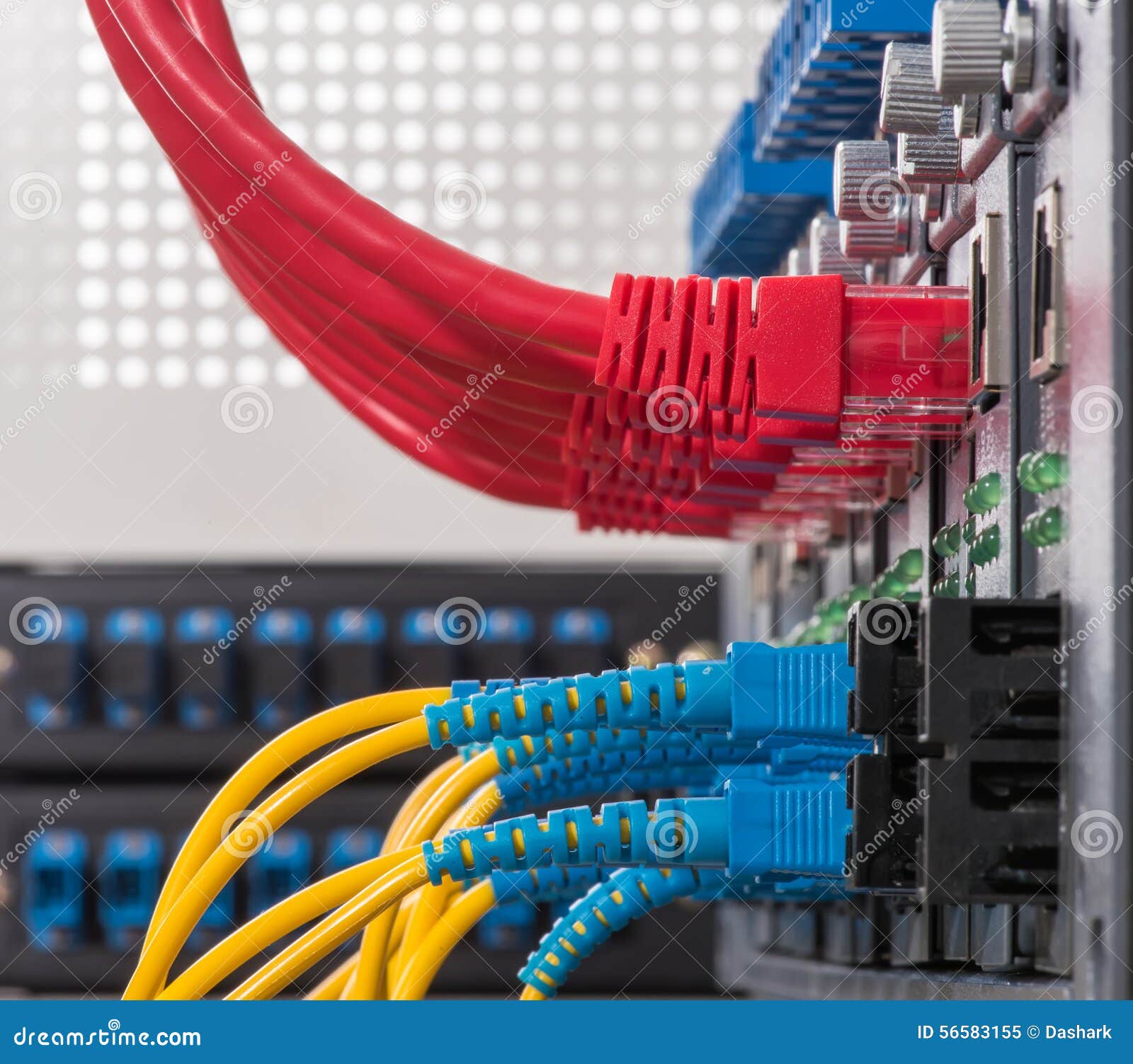 Fiber Optic Cables and UTP Network Cables Connected Hub Ports. Stock ...