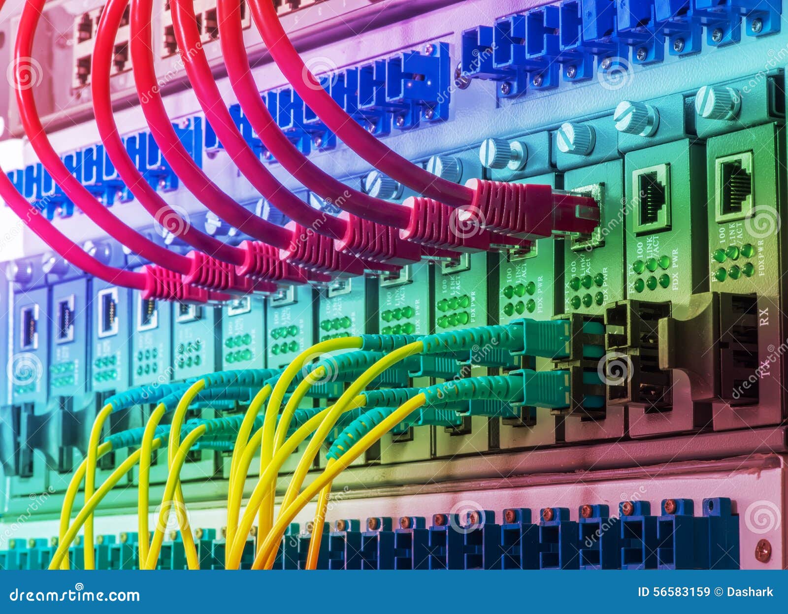 Fiber Optic Cables and UTP Network Cables Connected Hub Ports. Stock ...