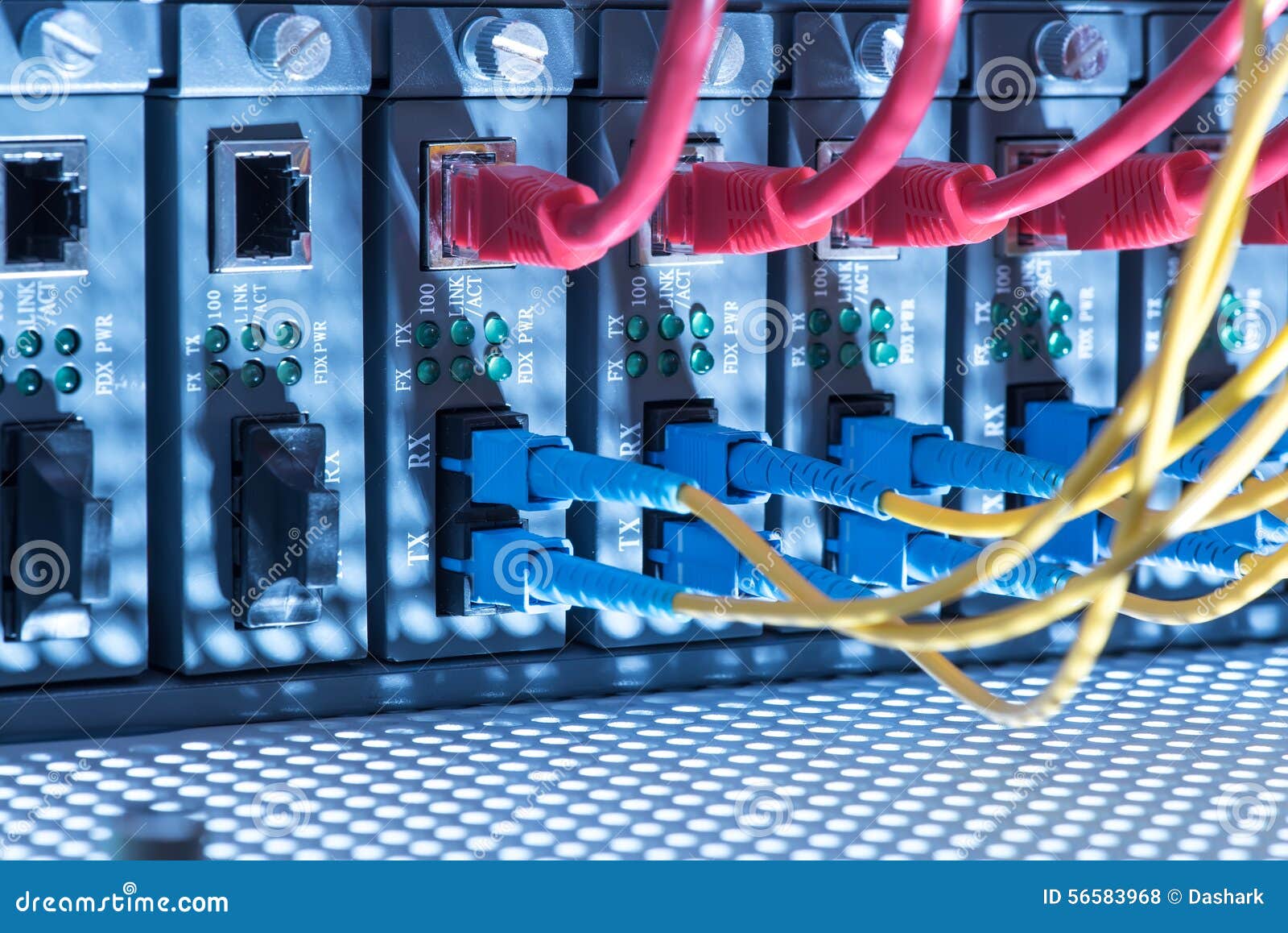 Fiber Optic Cables and UTP Network Cables Connected Hub Ports. Stock ...