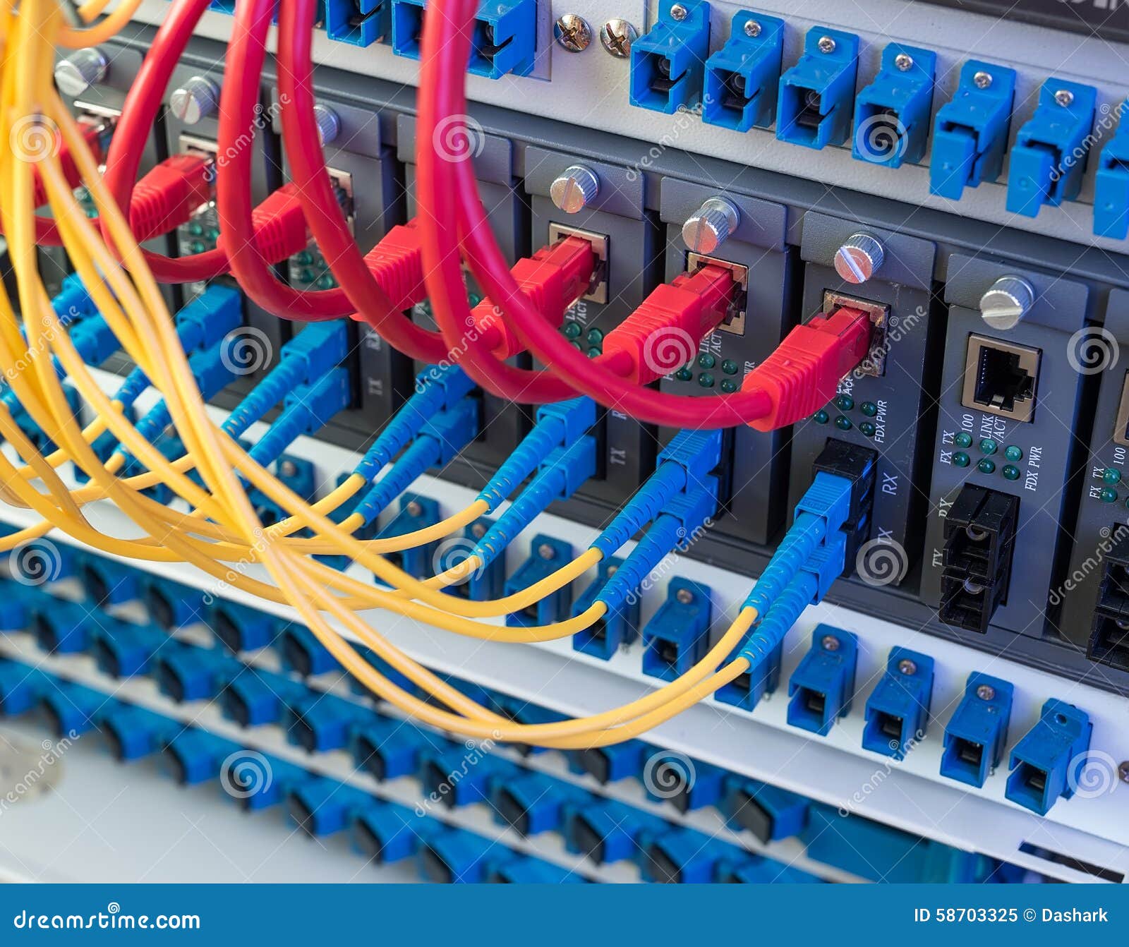 Fiber Optic Cables and UTP Network Cables Connected Hub Ports. Stock ...