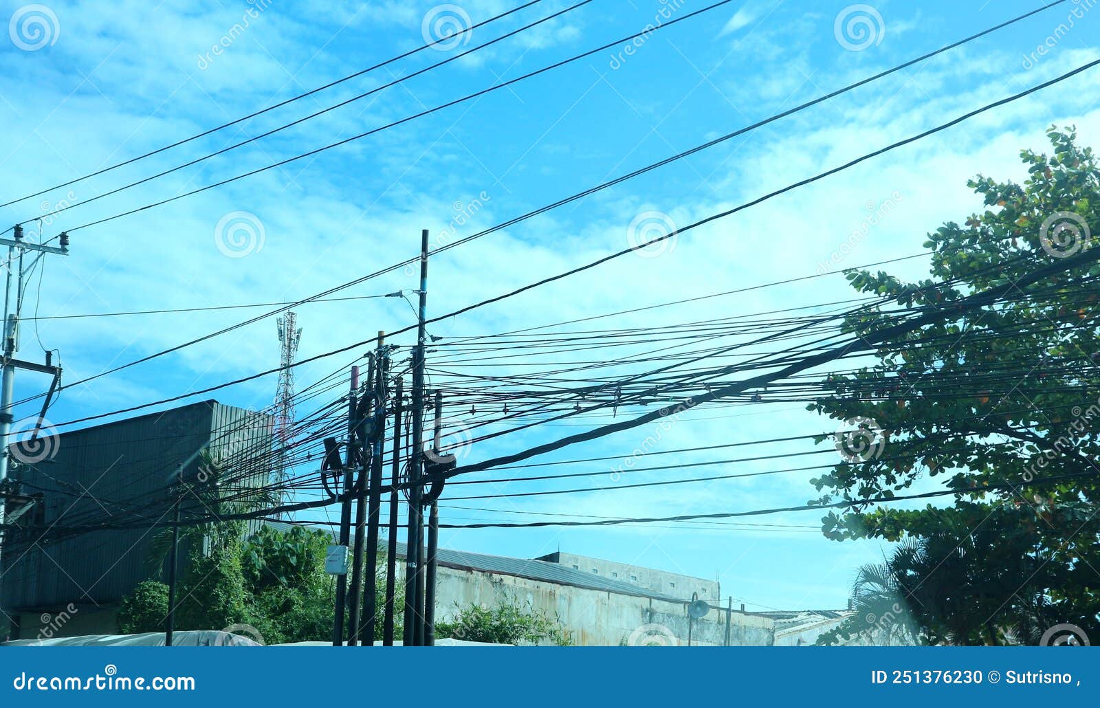 Fiber Optic Network Cable on the Pole. Aerial Fiber Optic Stock Photo ...