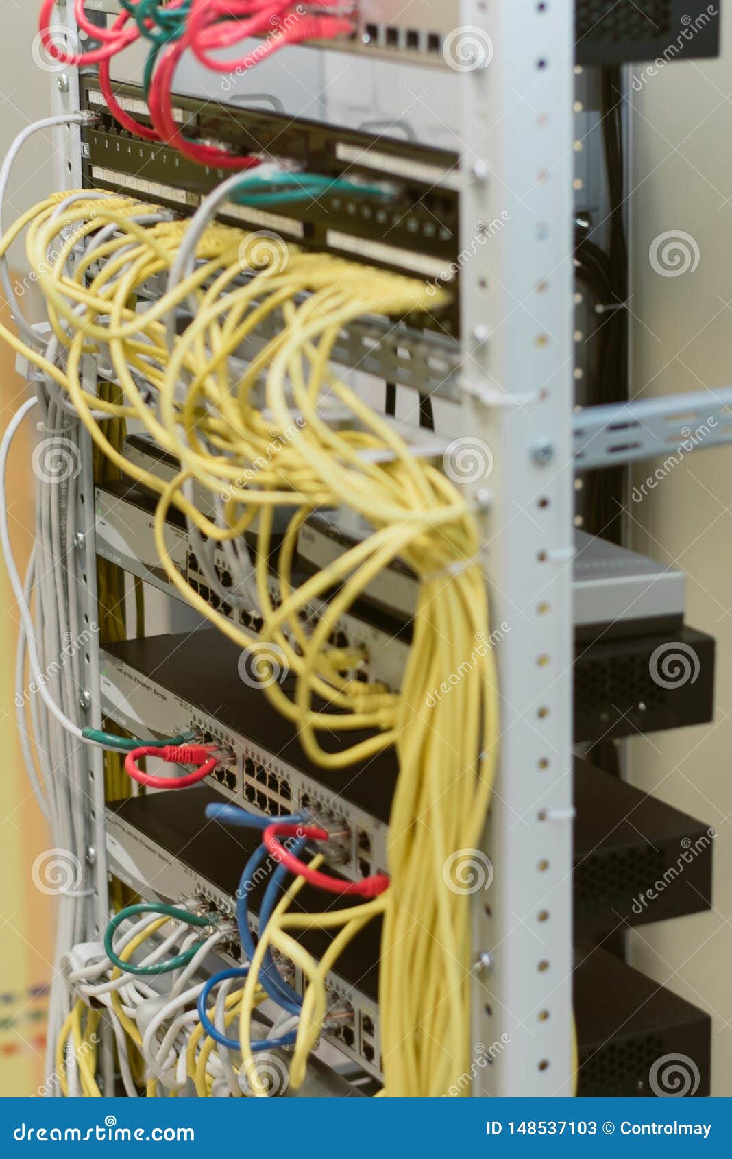Fiber Optic in Server Room Close Up. Many Wires Connect To the Network ...