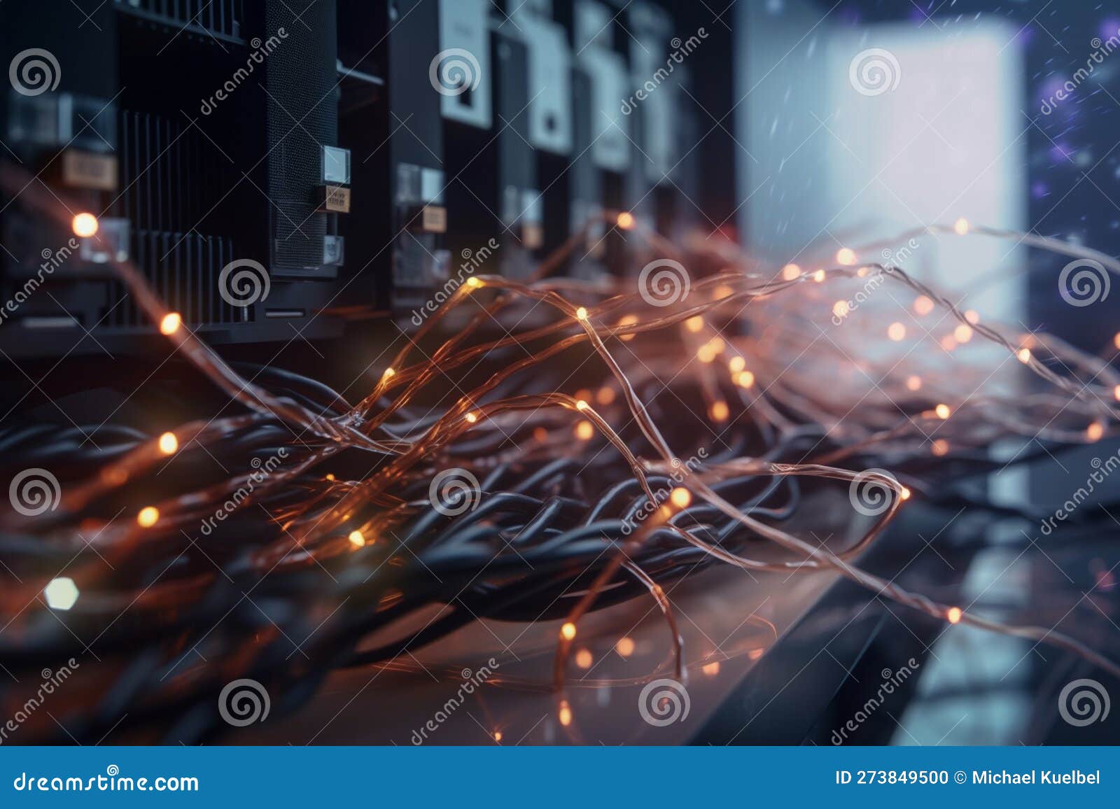 Fiber Optic Wires with LED Lights in Server Rack Stock Illustration ...