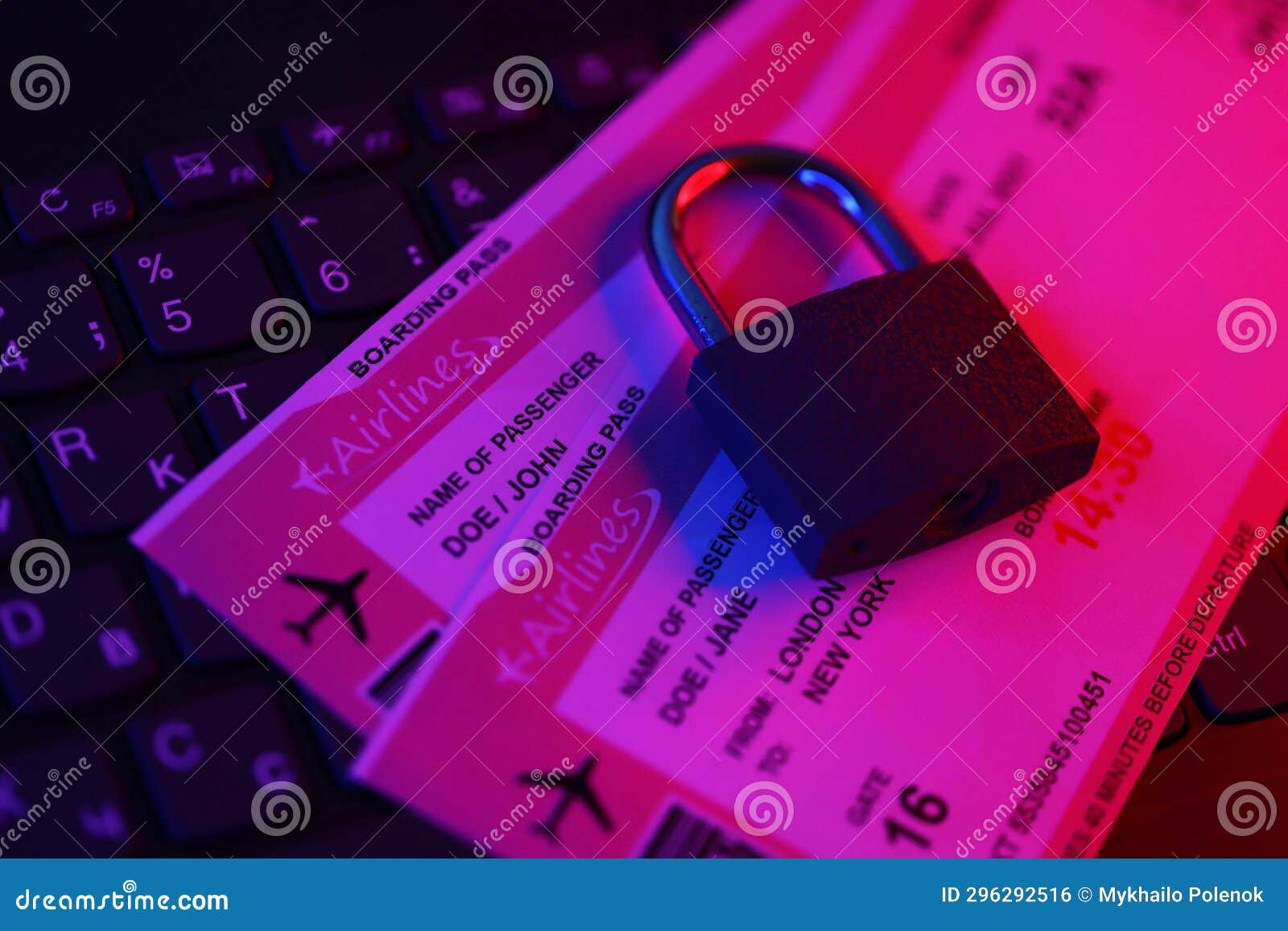 Fictional Air Tickets and Small Padlock on Computer Keyboard Stock ...