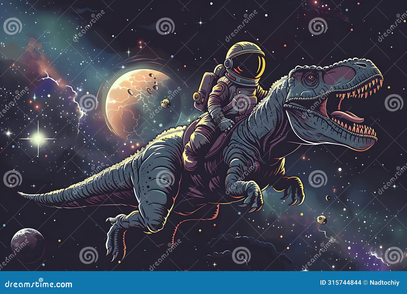 Astronaut Rides Dinosaur in Space an Astronomical Art Event Stock Photo ...