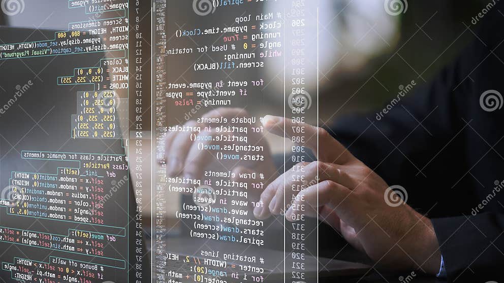 Fictional Code Projected on Virtual Screen, with Hands Interacting, Symbolizing Collaboration ...