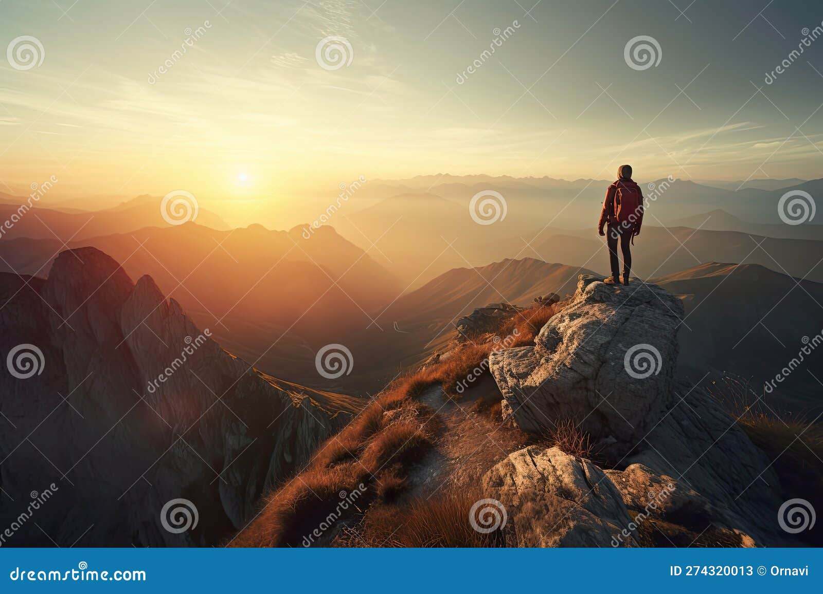 Fictional Hiker Stands at the Summit of a Mountain. Sunset in the ...