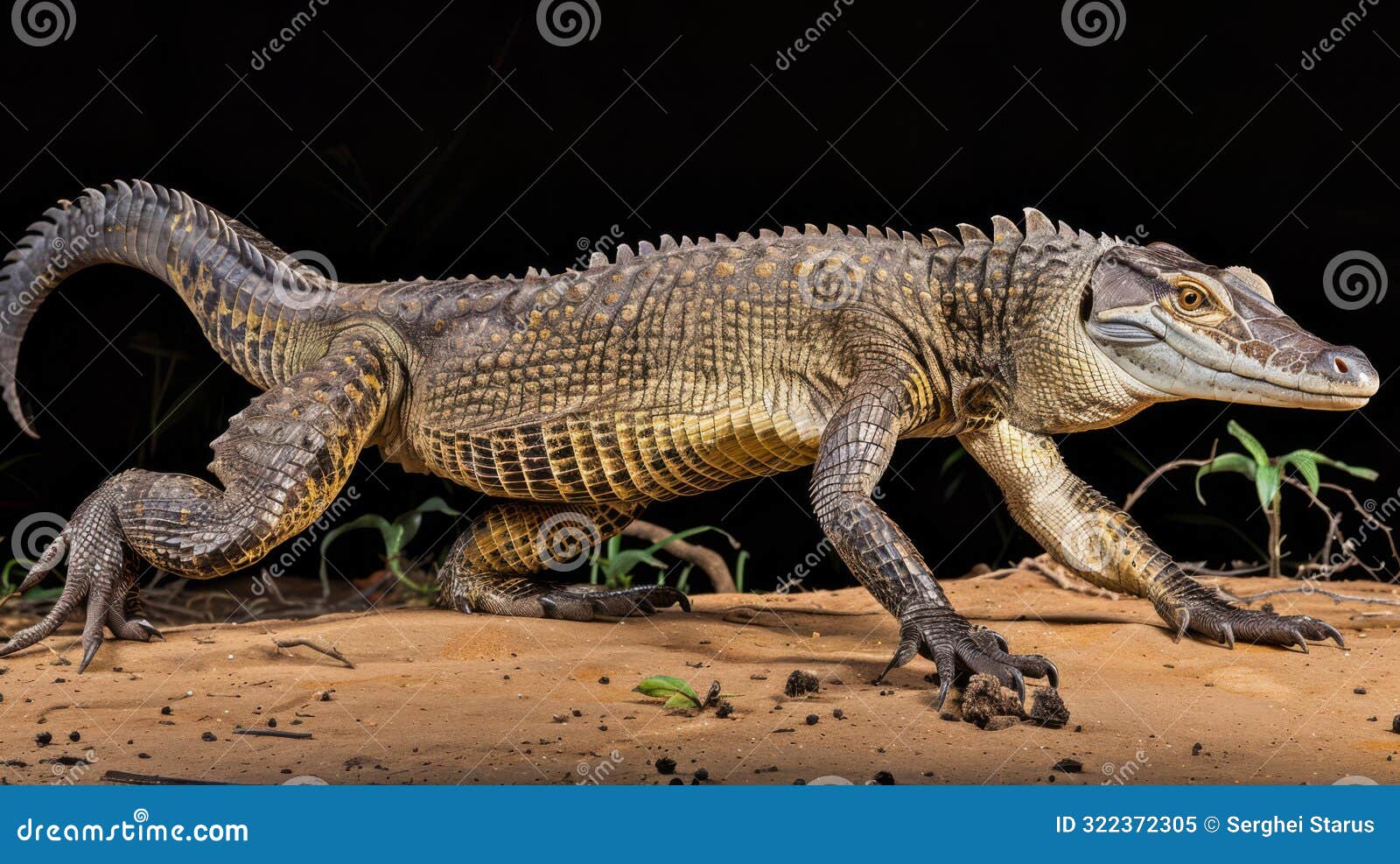 A Fictional Hybrid of Lizard and Crocodile is Walking on Dirt in the ...
