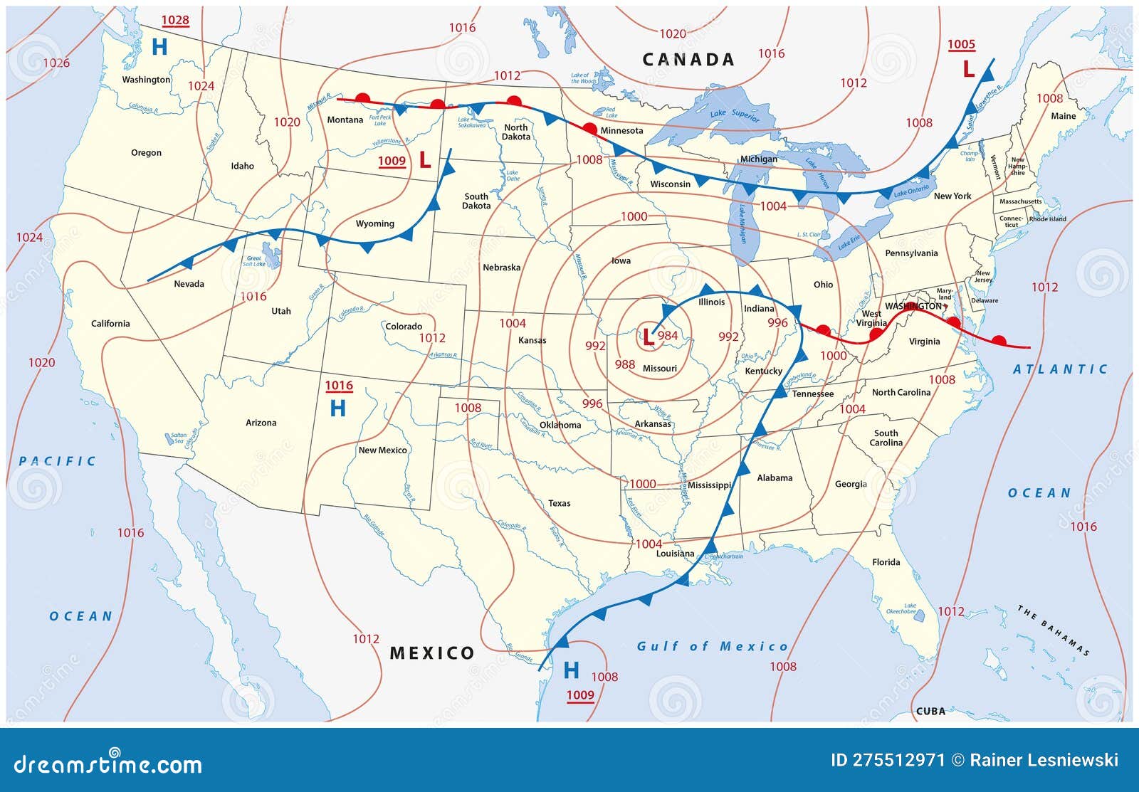 Fictional Map of North America with Isobars and Weather Fronts ...