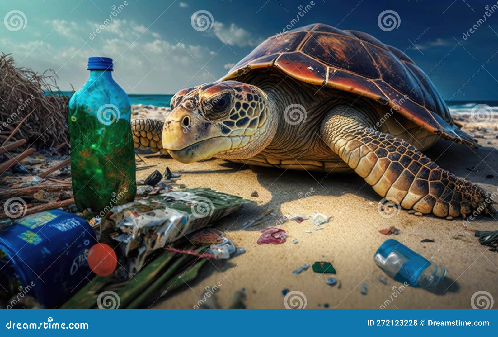 Fictional Turtle in Front of Trash and Diverse Plastics Looking with a ...