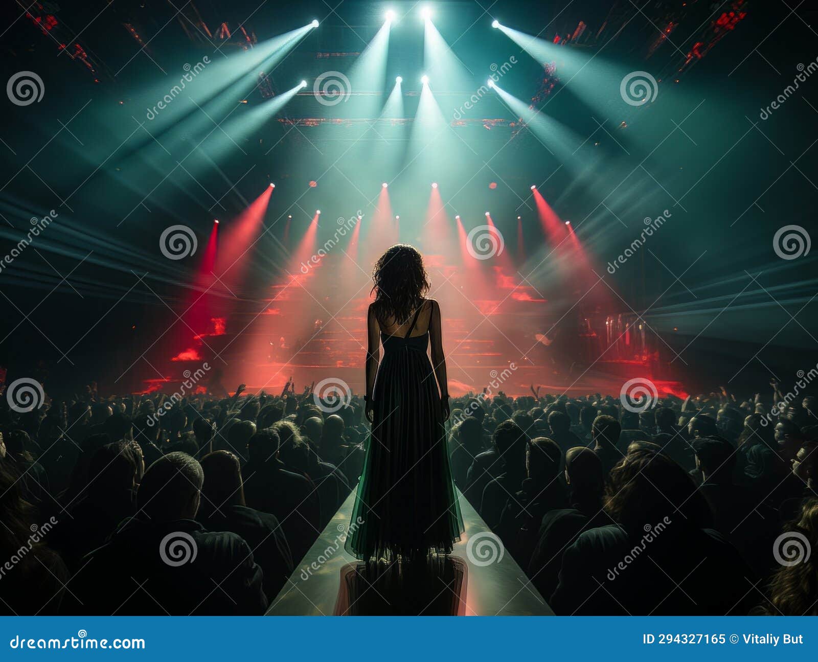 Fictional Woman on Stage in Green and Red Spotlight with Her Back in ...