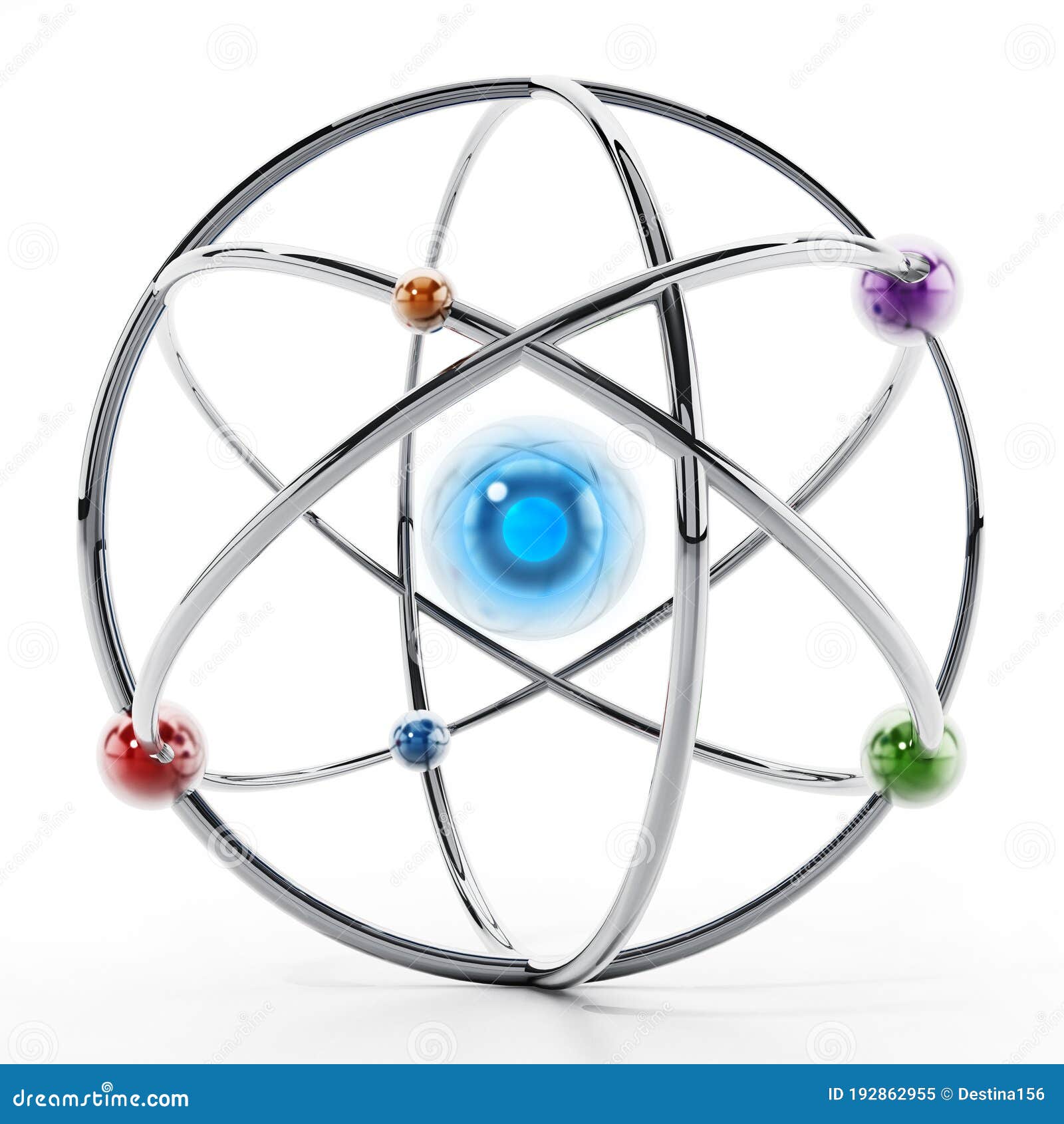 Fictitious Atom Model With Core And Orbiting Spheres. 3D Illustration ...