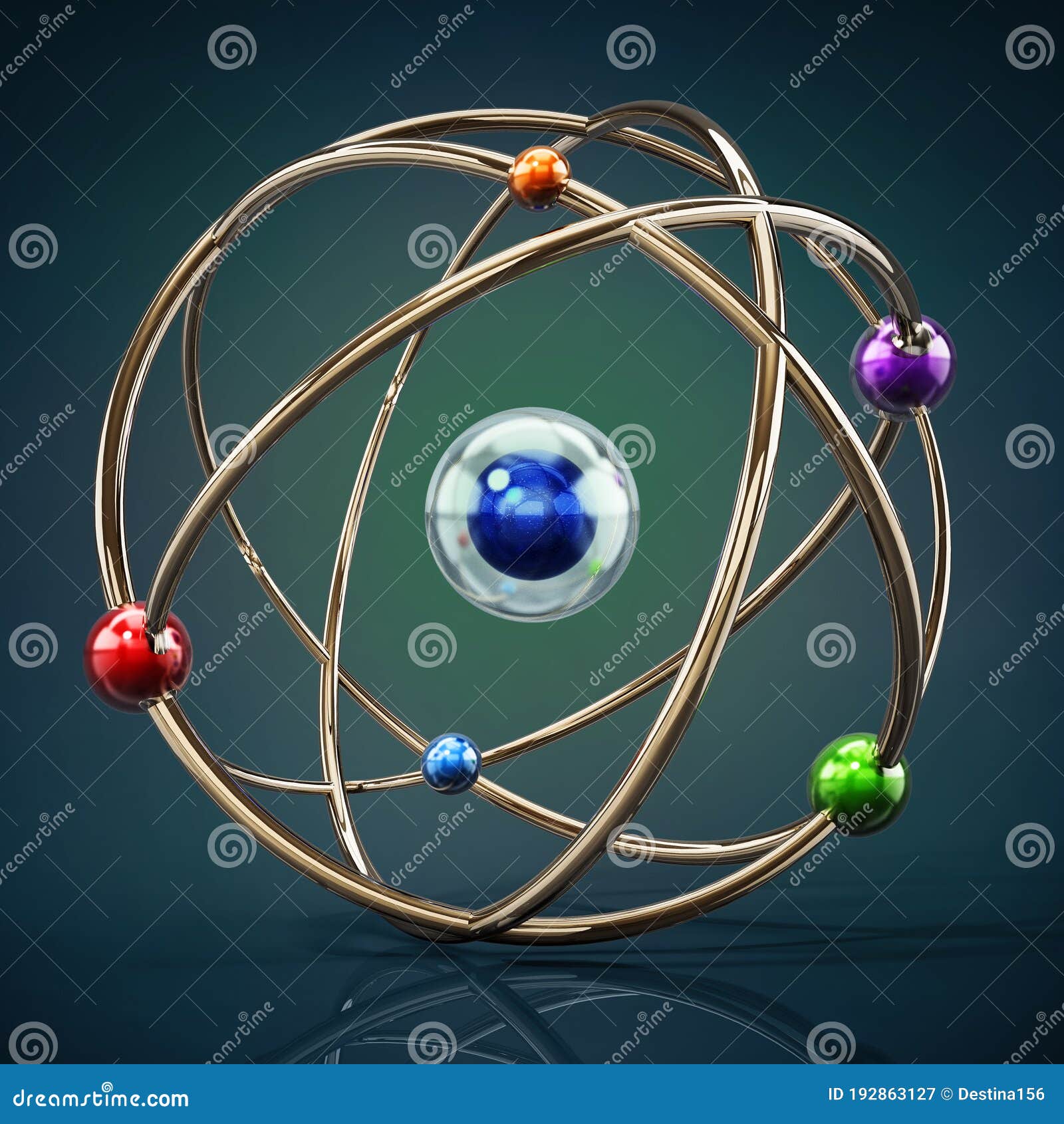 Fictitious Atom Model With Core And Orbiting Spheres. 3D Illustration ...