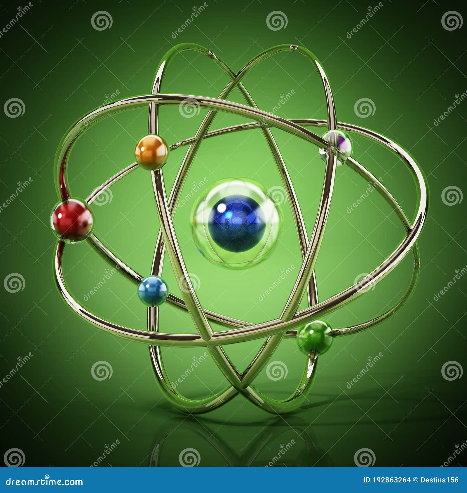 Fictitious Atom Model with Core and Orbiting Spheres. 3D Illustration ...