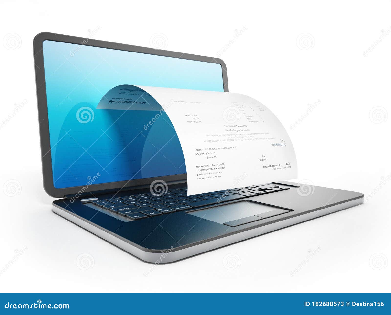 Fictitious Payment Receipt Coming Out of Laptop Screen. 3D Illustration ...
