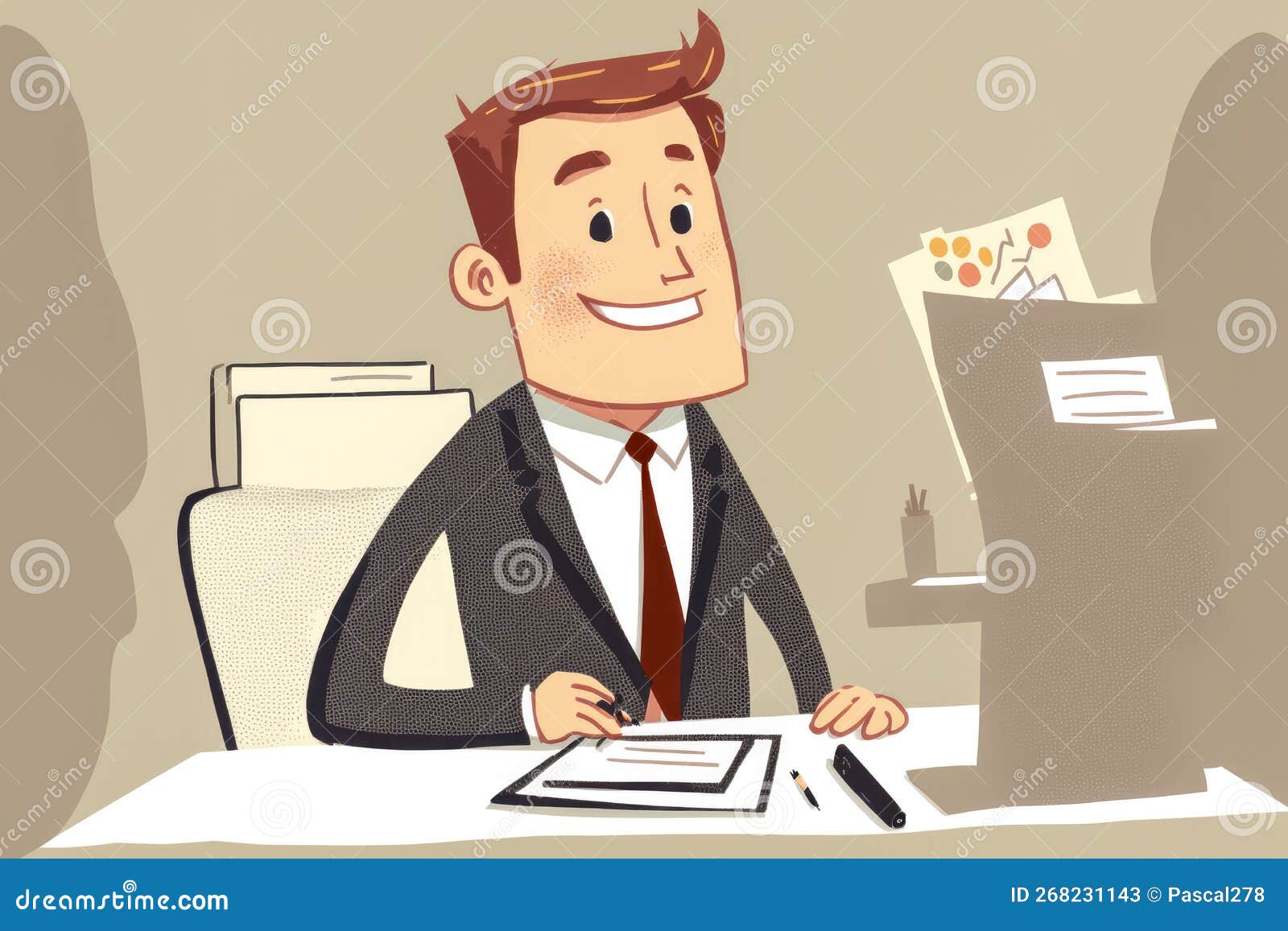 Cartoony Drawing of a Smiling Human Resources Manager on Light Brown ...