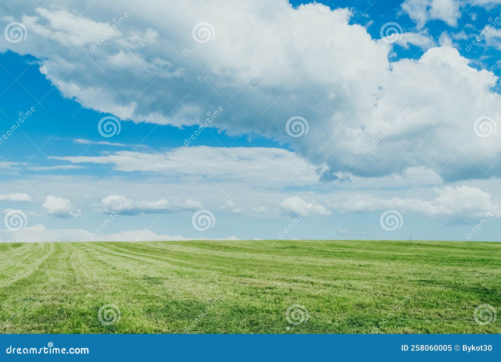 Green Mowed Field, Blue Sky and White Clouds. Stock Image - Image of ...