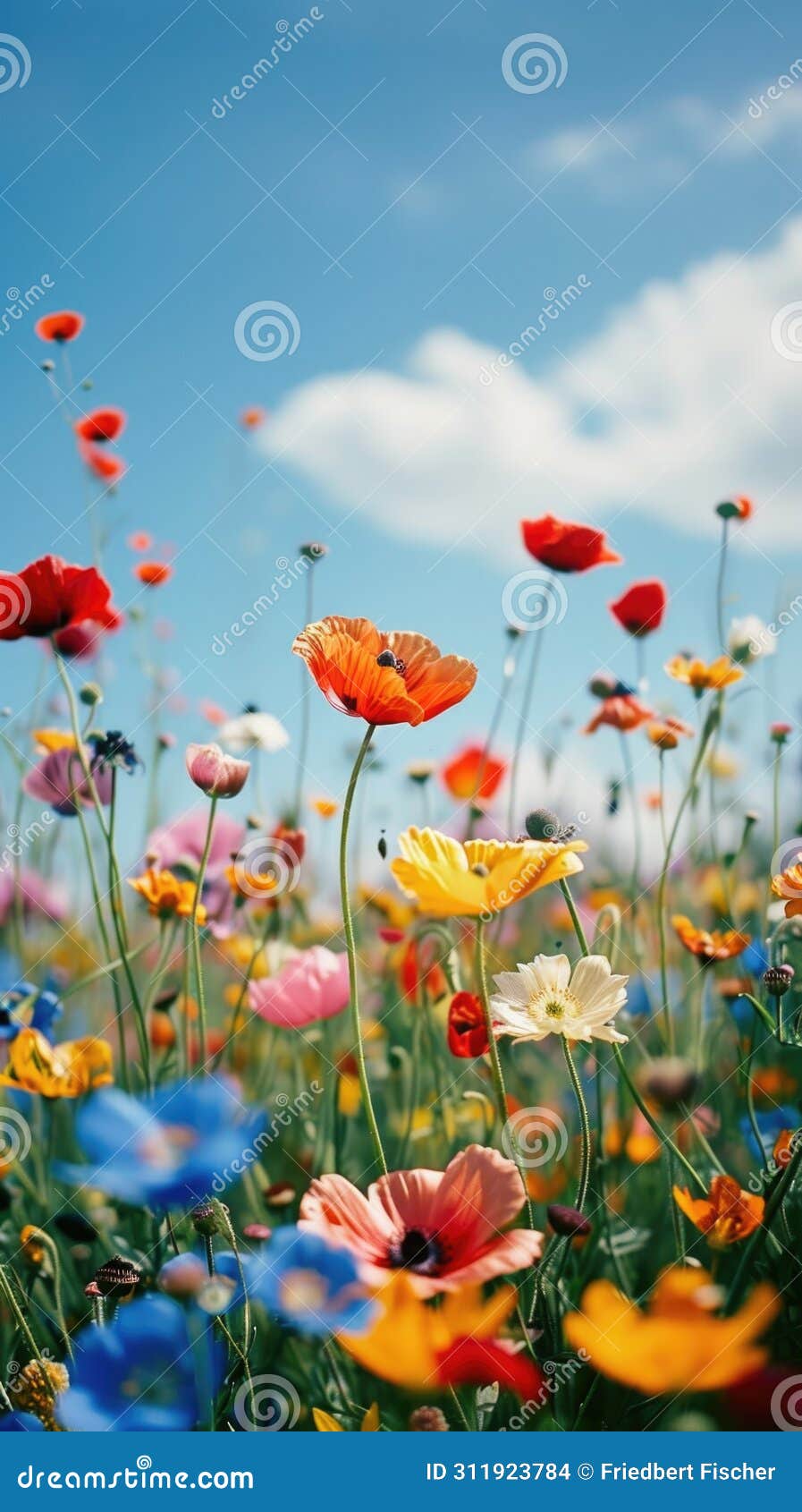A Field of Colorful Flowers with a Blue Sky in the Background Stock ...