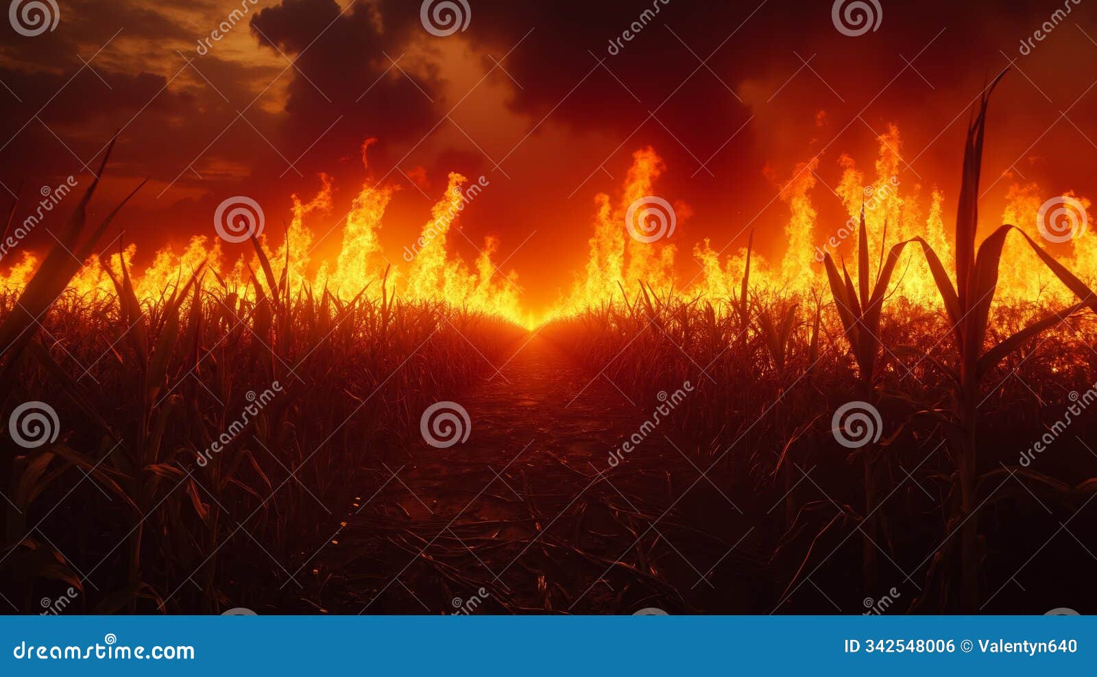 A Field of Corn on Fire with the Sun Setting in the Background Stock ...