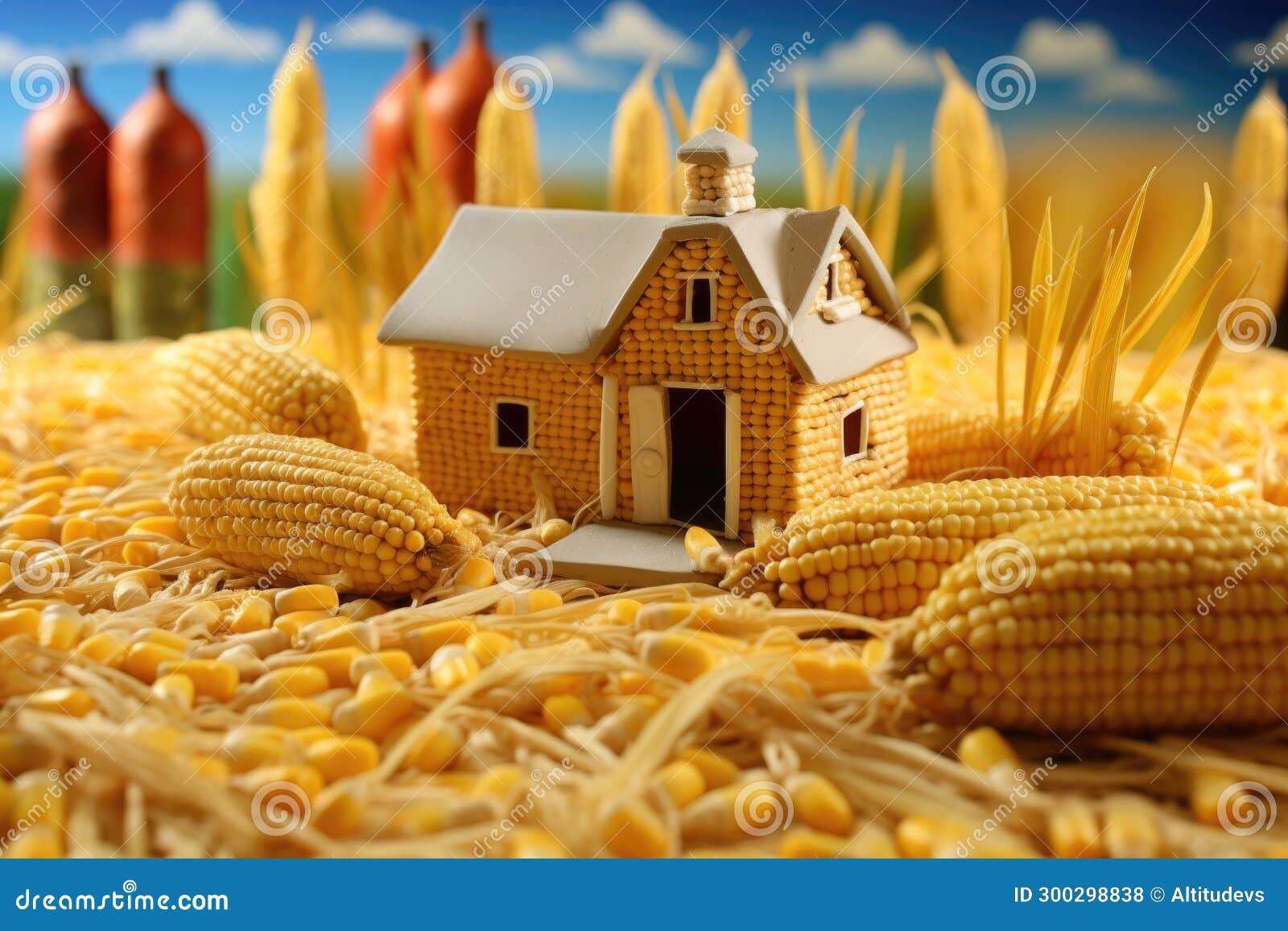A Field of Corn Kernels with a Barn Made from Whole Grain Bread Stock ...