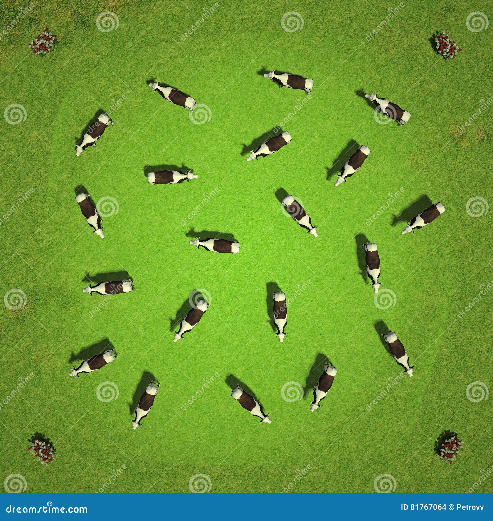 Field with Cows Top View 3D Rendering Stock Illustration - Illustration ...