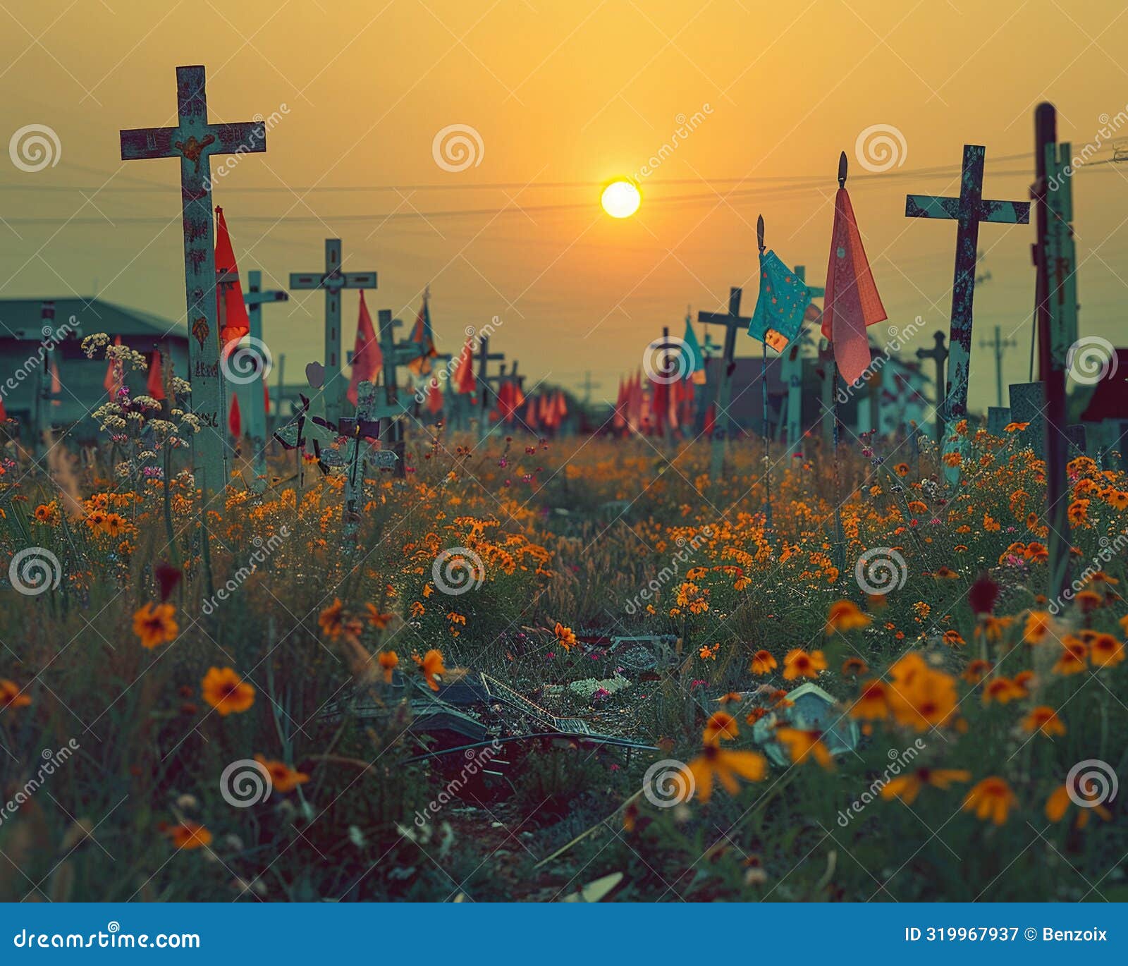 A Field of Crosses with Flags Wide Shot Stock Image - Image of solider ...