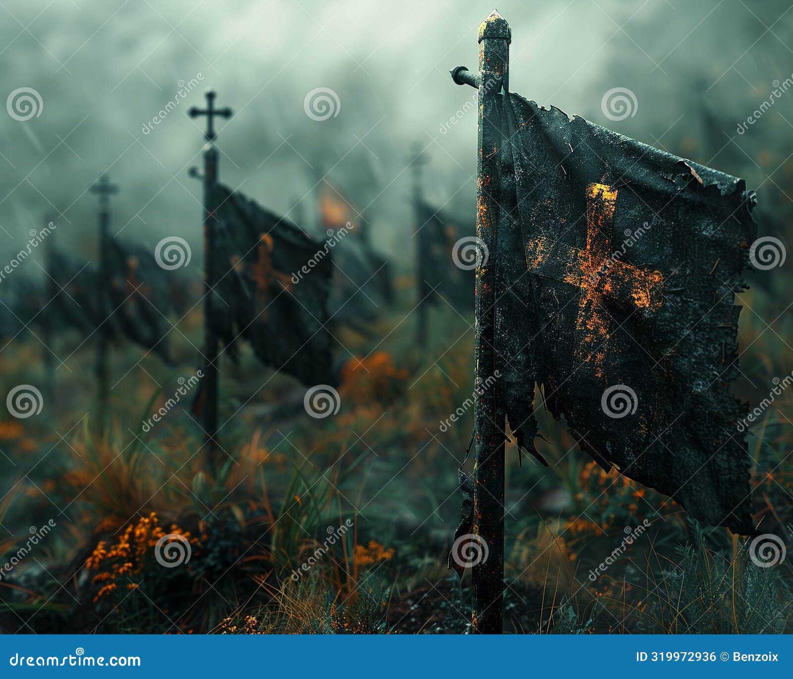 A Field of Crosses with Flags Wide Shot Stock Photo - Image of honor ...