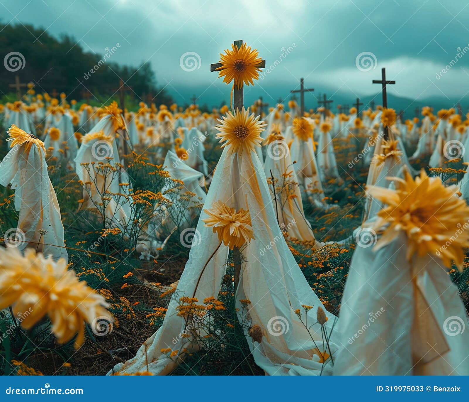 A Field of Crosses with Flags Wide Shot Stock Image - Image of marker ...
