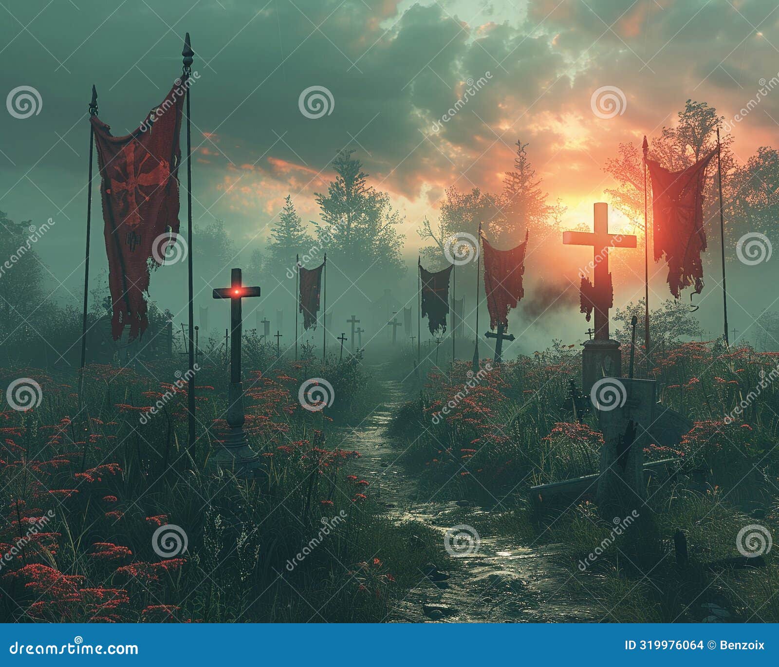 A Field of Crosses with Flags Wide Shot Stock Photo - Image of fallen ...
