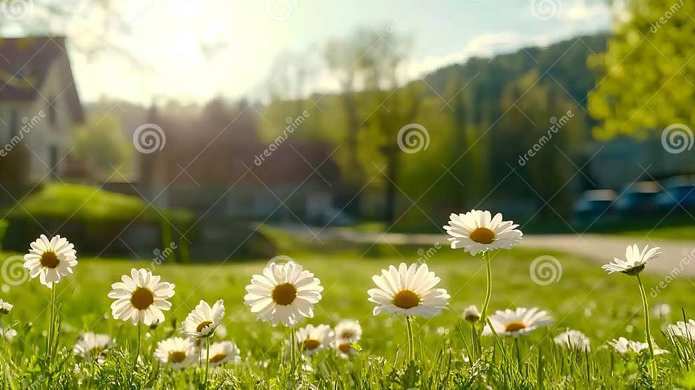 A Field of Daisies in Front of a House in the Sun Stock Photo - Image ...