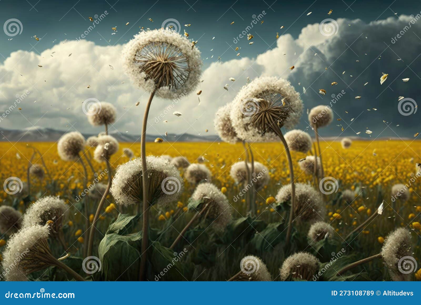 Field of Dandelions with Seeds and Windblown Petals Stock Image - Image ...