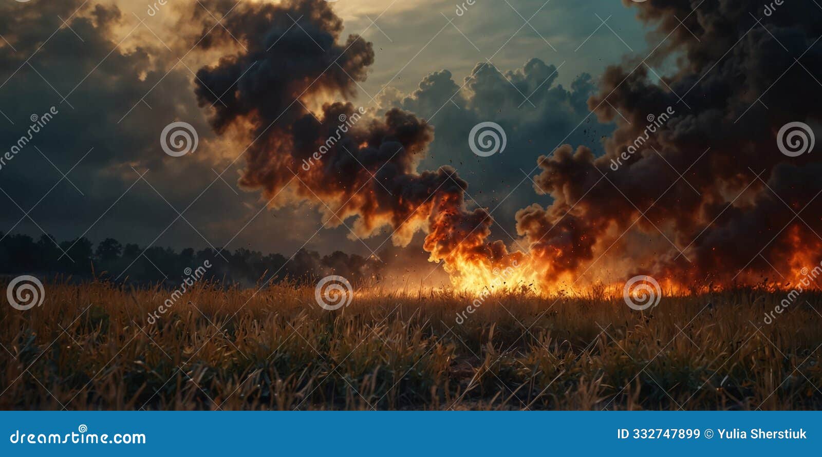 A Field Engulfed in Flames with Smoke Billowing into the Sky. Stock ...