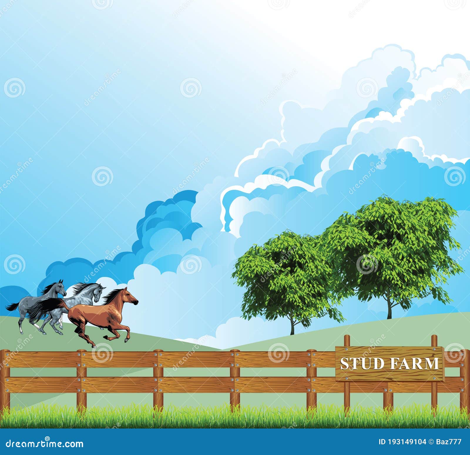 Rural horse stud farm stock vector. Illustration of grass - 193149104