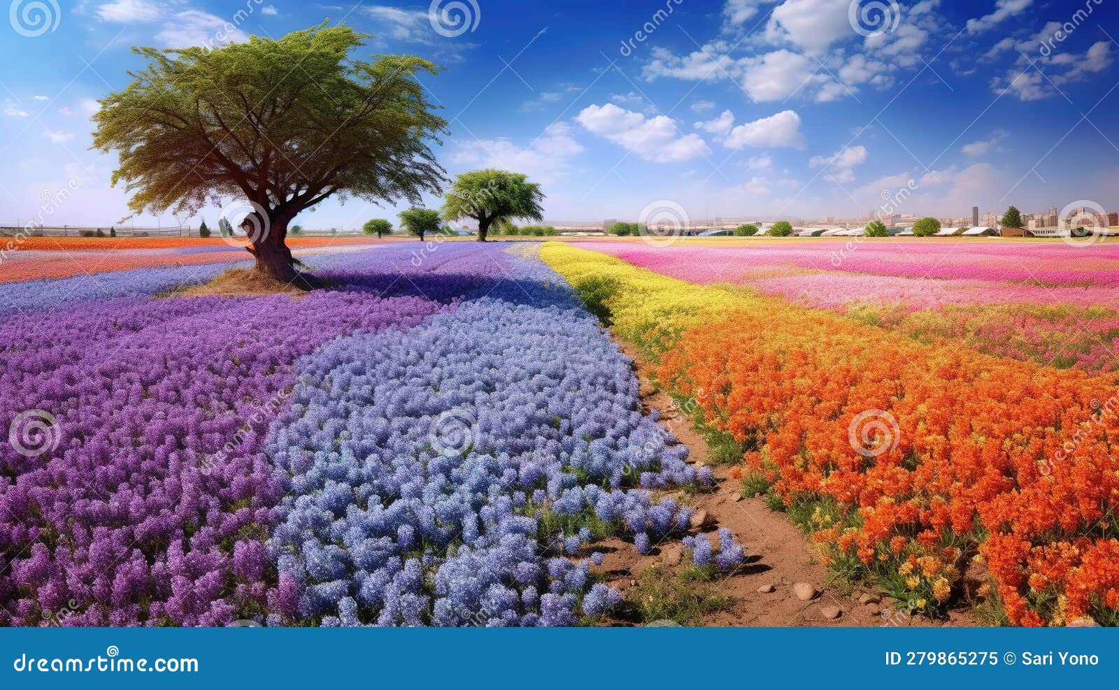 A Field Filled with Lots of Colorful Flowers, Panoramic Widescreen View ...