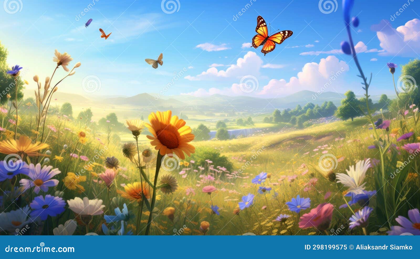 A Field of Flowers with Butterflies Stock Illustration - Illustration ...
